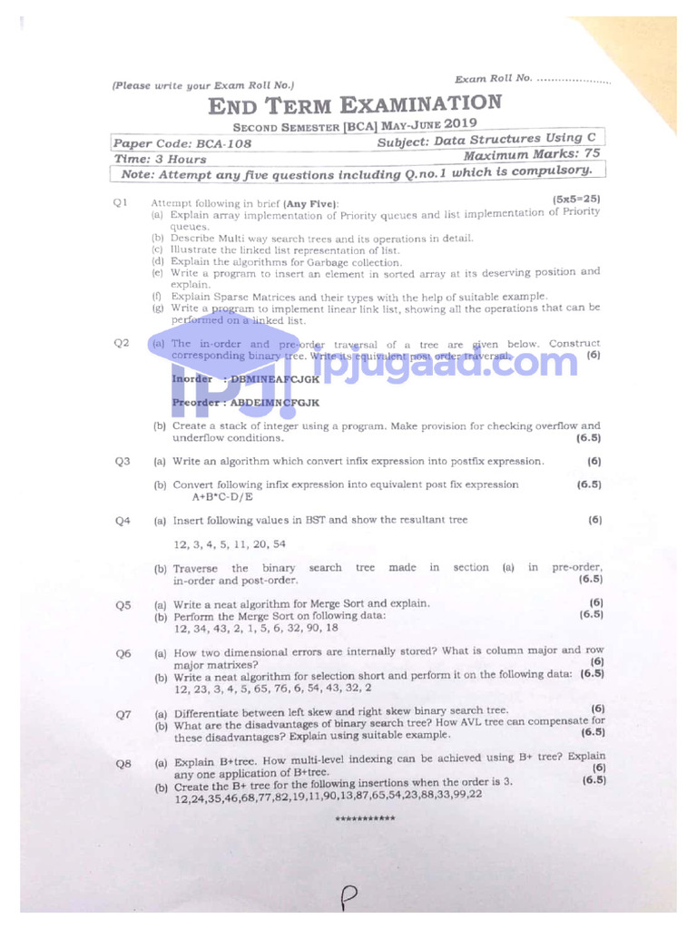 Ipjugaad Bca 2nd Sem Data Structures Using C Paper 2019 | PDF | Art ...