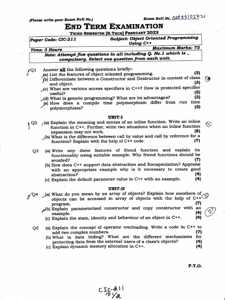 Ipjugaad - B Tech 3rd Sem Object Oriented Programming Using C++ Paper 2023 | PDF | C++ | Class ...