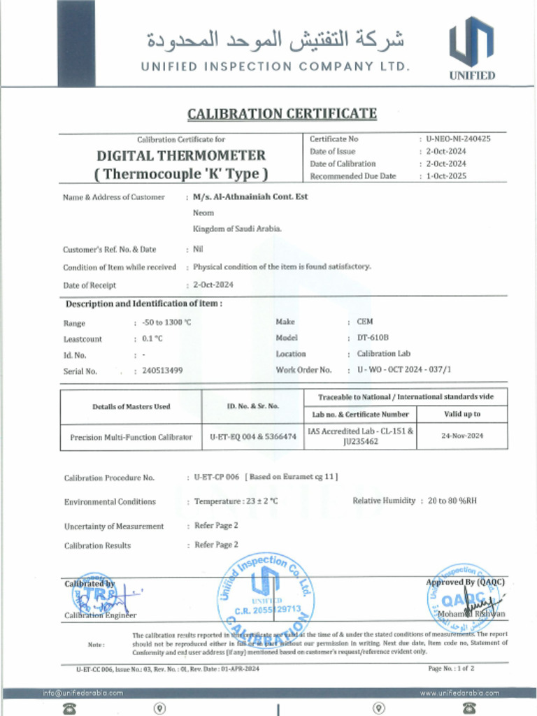 Cal. Cert. - Al Athnainiah - 02.OCT.2024 | PDF