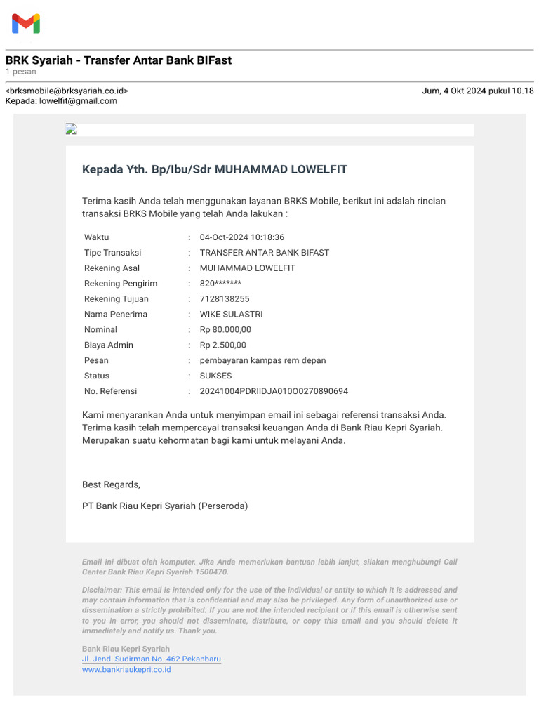 Gmail - BRK Syariah - Transfer Antar Bank BIFast | PDF