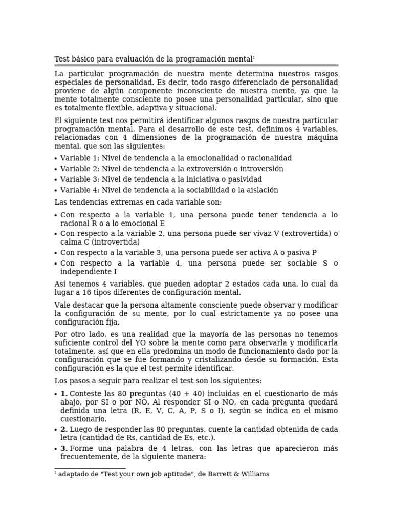 Test Básico para Evaluación de La Programación Mental | PDF | Análisis ...