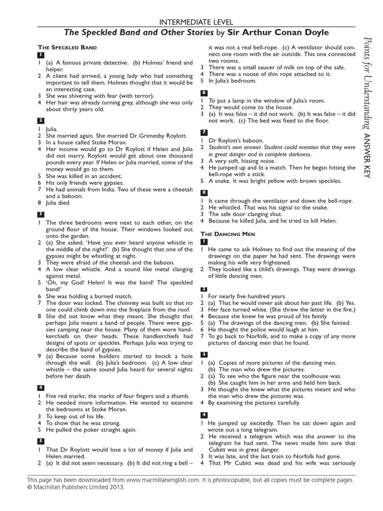 The Speckled Band and Other Stories Points For Understanding Answer Key ...