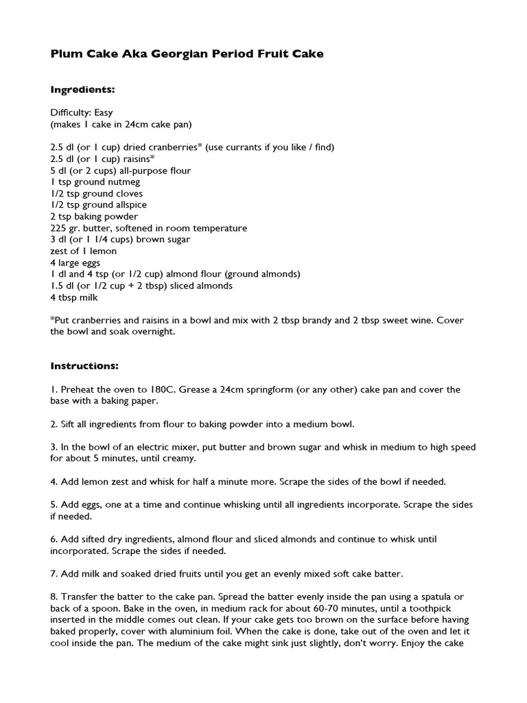 Plum Cake Aka Georgian Period Fruit Cake | PDF