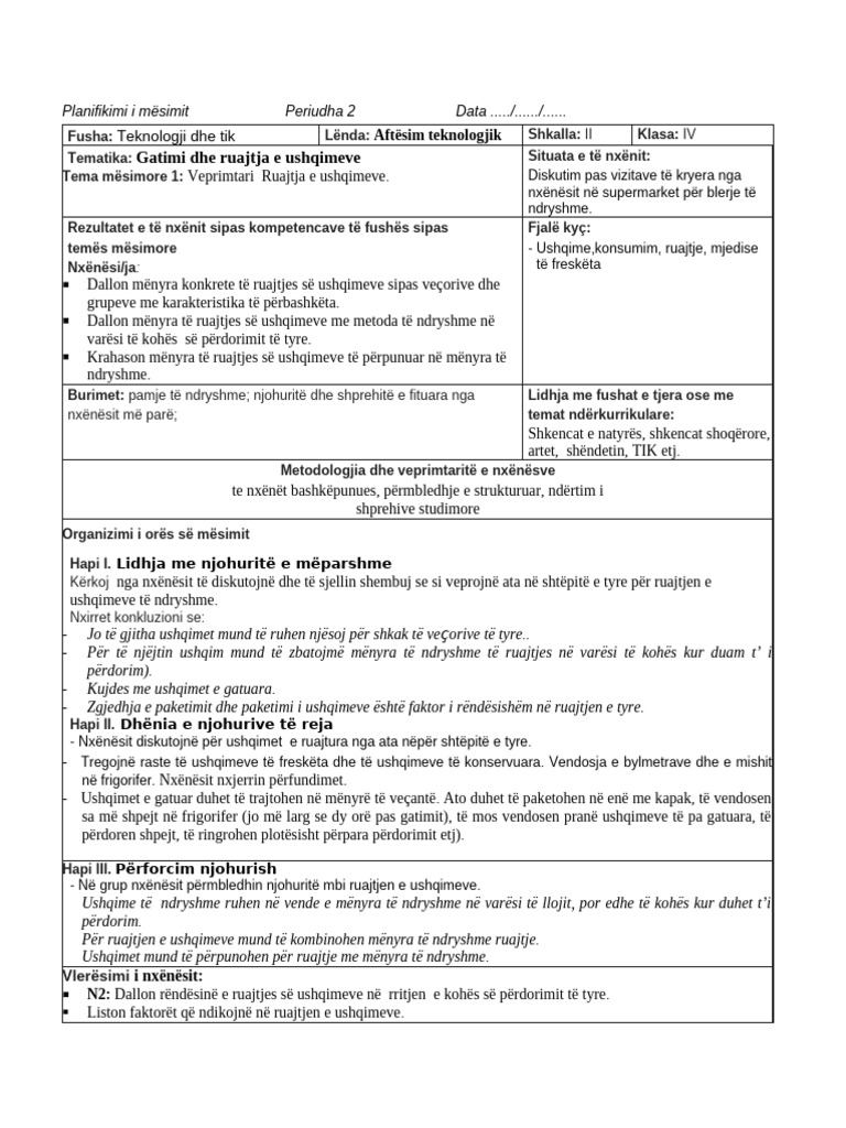 Ditar AFT. TEKNOLOGJIK Periudha 2 KL 4 | PDF
