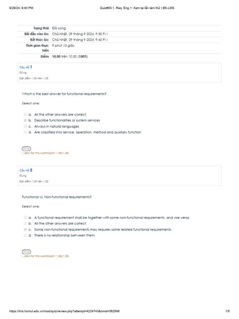 Quiz#03.1. Req. Eng.1 - Xem lại lần làm thử - BK-LMS | PDF | Software | Computer Science