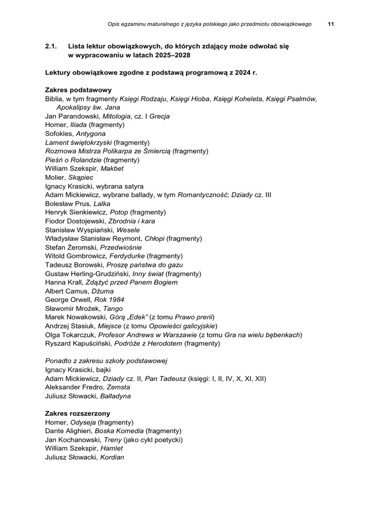 Spis Lektur Matura 2025 | PDF