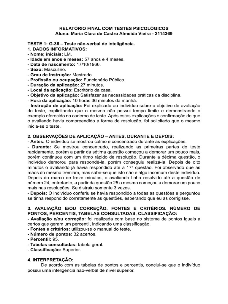 Fichamento Dos Testes de a.P.C (P) | PDF | Quociente de inteligência ...