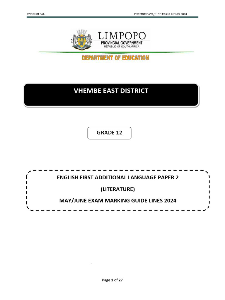 Eng Fal GR 12 June Marking Guideline Grade 12 English Fal 2024 - 101021 | PDF | Strange Case Of ...