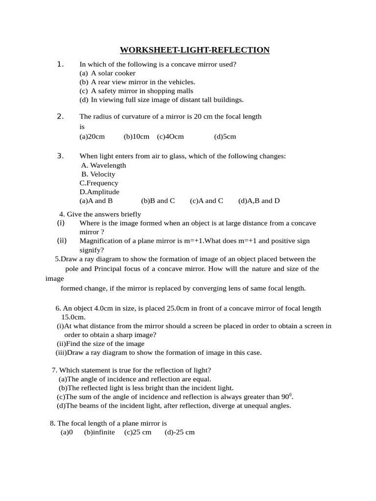 WORKSHEET Light Reflection | PDF | Teaching Methods & Materials | Art