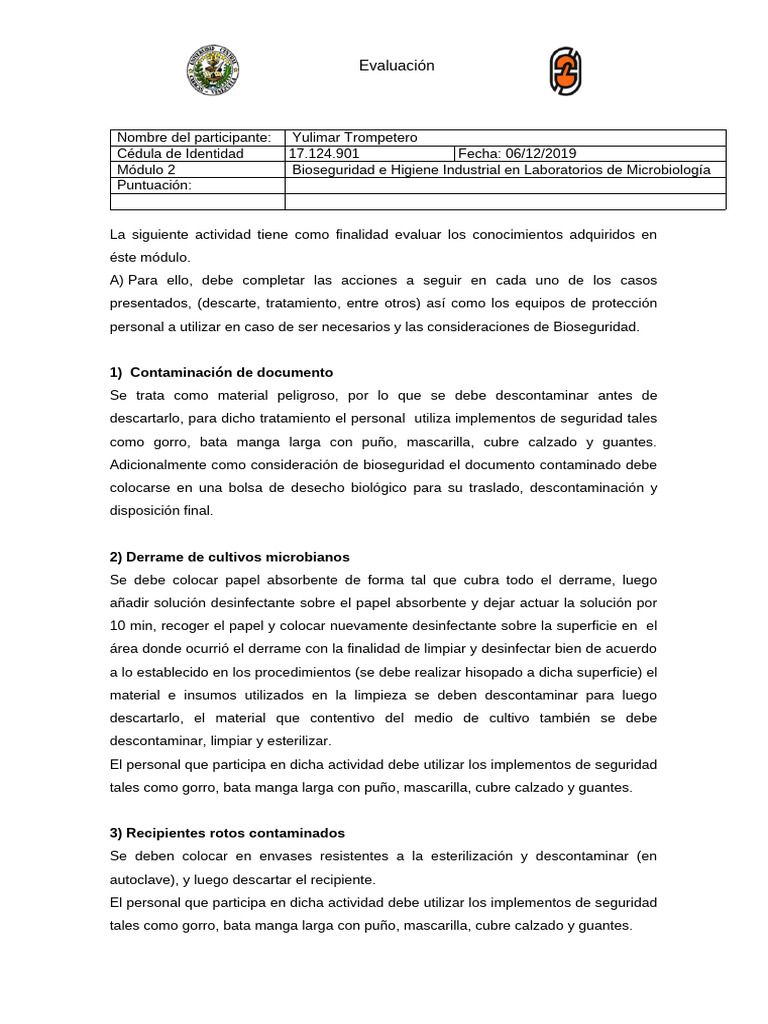 Ejercicio Modulo Bioseguridad Dcmi-1 | PDF | Laboratorios | Riesgo