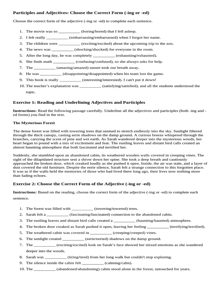 Participles And Adjectives Pdf Language Arts And Discipline