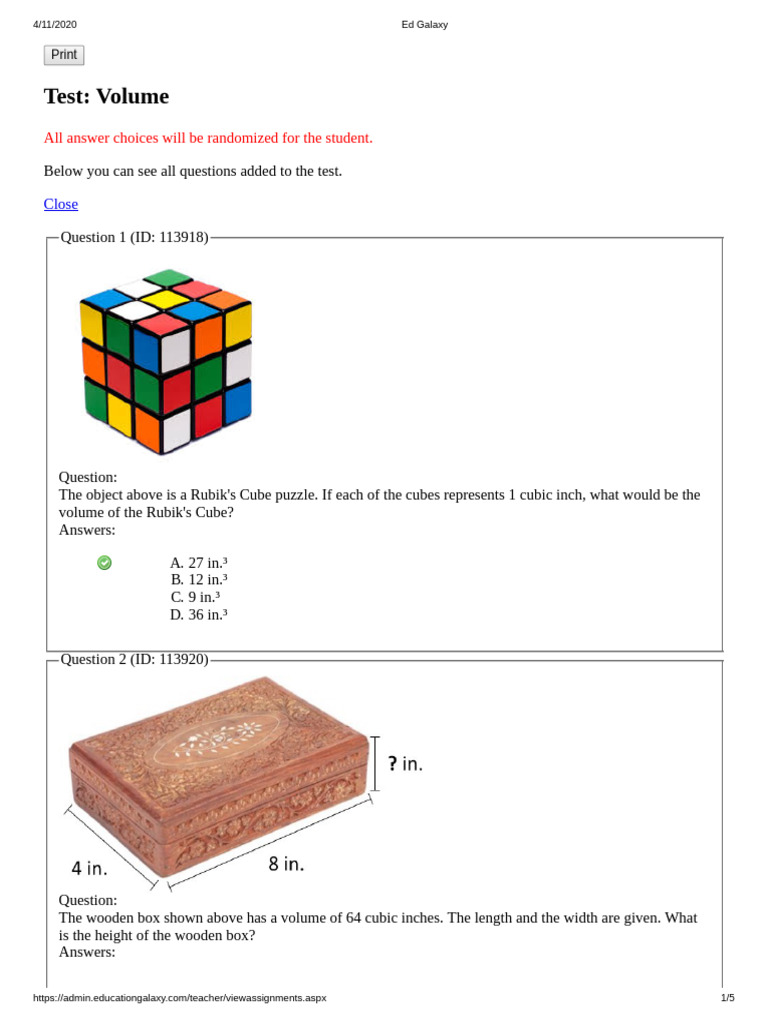 Volume Calculation Test Questions | PDF | Volume | Length