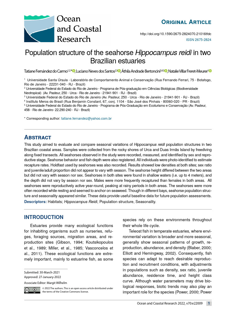 Population Structure of The Seahorse in Two Brazilian Estuaries | PDF ...