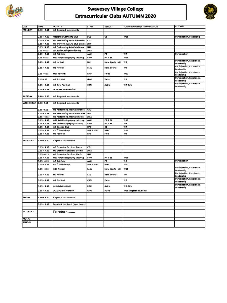 Extracurricular Clubs Autumn 2020 | PDF
