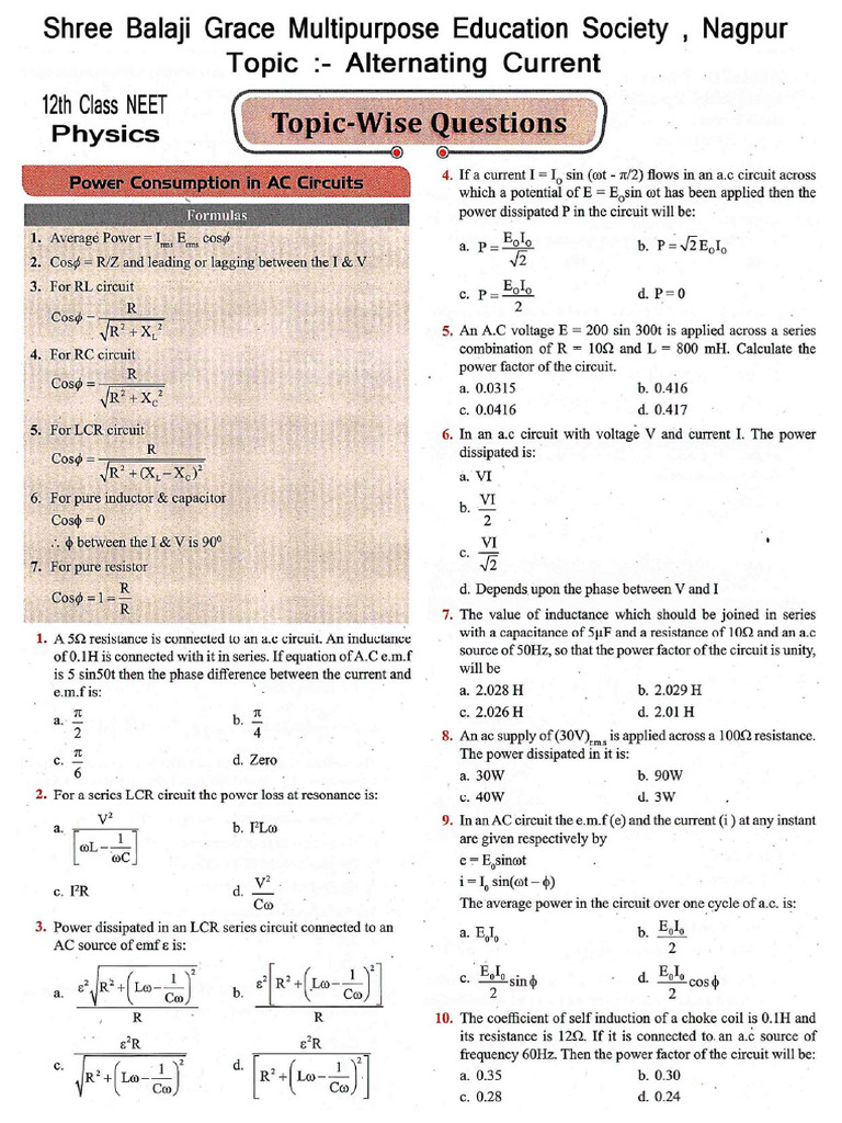 12th Class NEET Physics Module - 7 (Alternating Current) | PDF