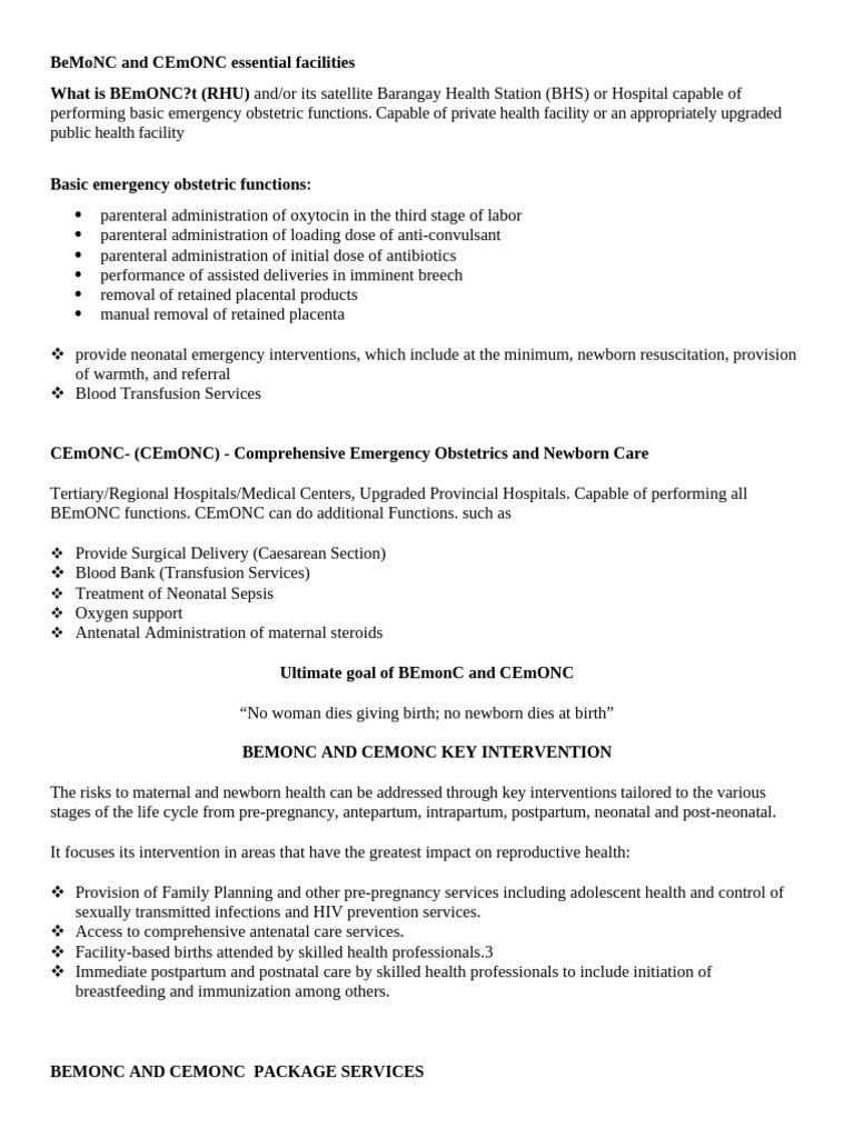 BeMoNC and CEmONC Essential Facilities | PDF | Postpartum Period ...