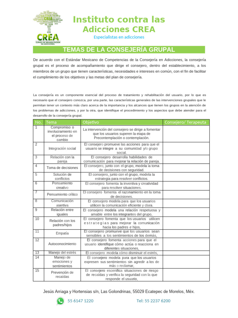 Temas Para Consejería Grupal En Adicciones Pdf Pensamiento Toma