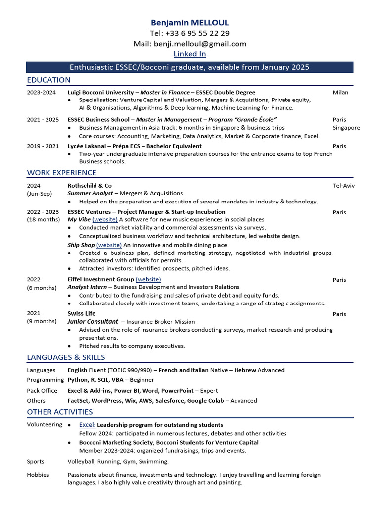 CV Benjamin Melloul | PDF | Financial Analyst | Venture Capital