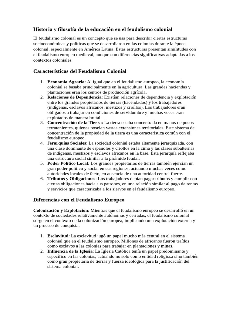 Historia y Filosofía de La Educación en El Feudalismo Colonial | PDF ...