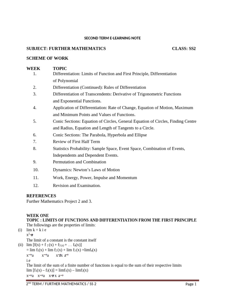 2ND Term SS2 Further Maths | PDF | Circle | Trigonometric Functions