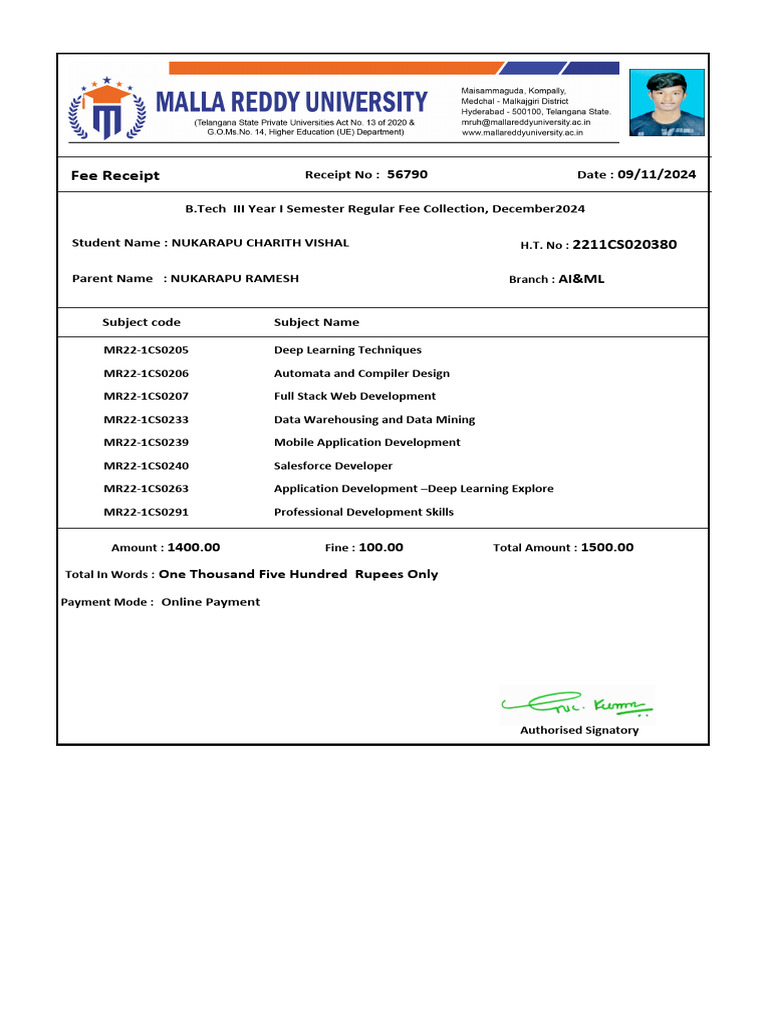 Student Exam Fee Receipt Report | PDF