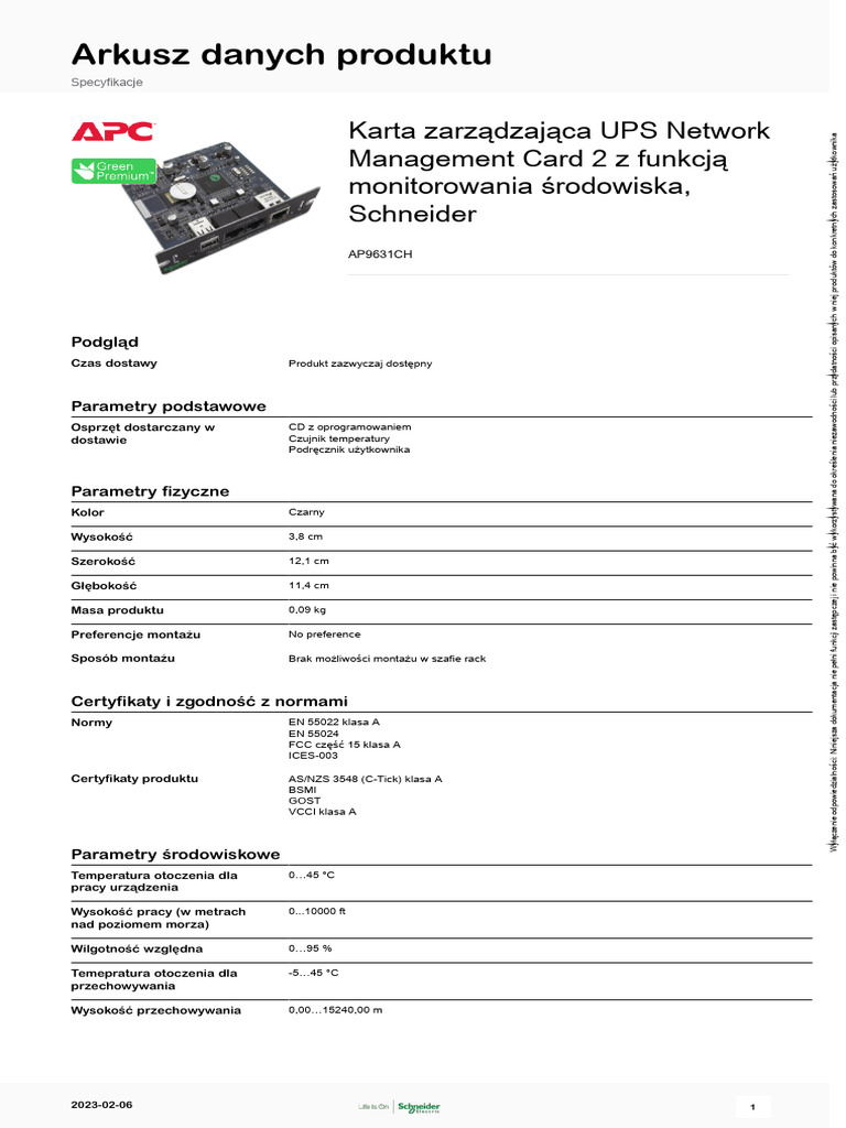 UPS - Karty Do Zarządzania Sieciowego - AP9631CH | PDF