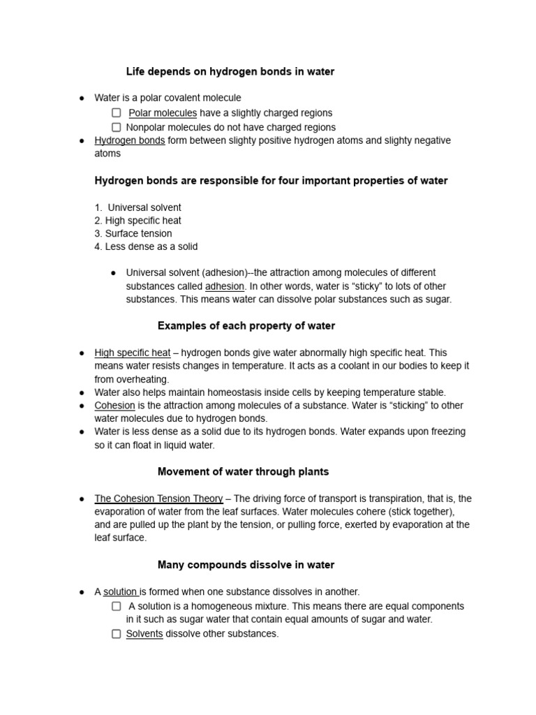 Properties of Water Lecture - Guided Notes | PDF