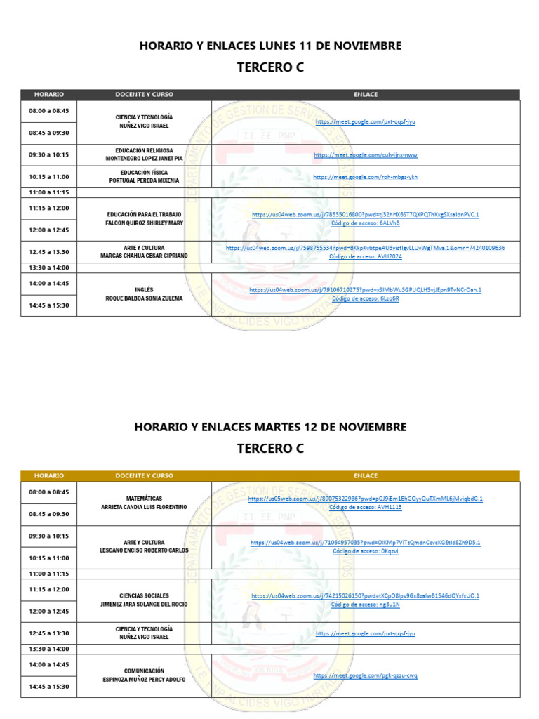 Horarios y Enlaces Clases Tercero C | PDF