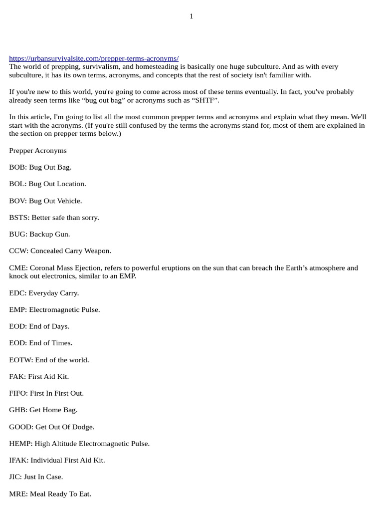 Prepping Survivalism Vocabulary Lists For EO Project | PDF ...