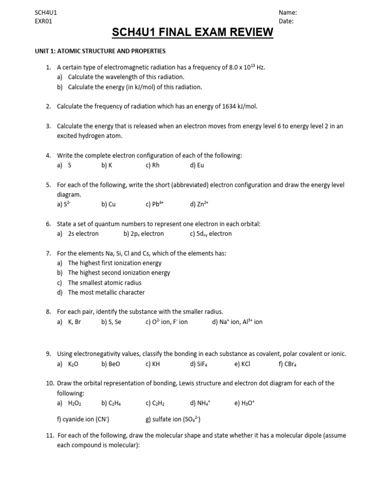 SCH4U Final Exam Review Guide | PDF | Chemical Equilibrium | Ionic Bonding