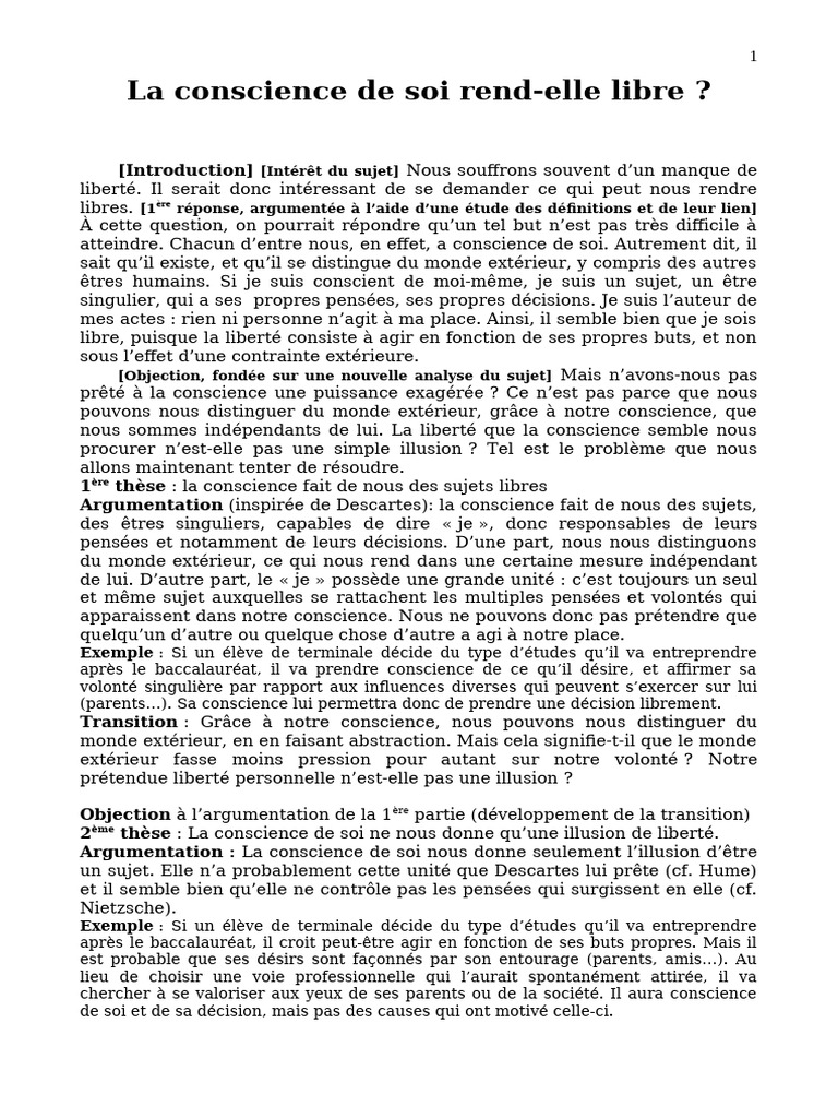 La conscience de soi et la liberté humaine | PDF | Liberté | Conscience