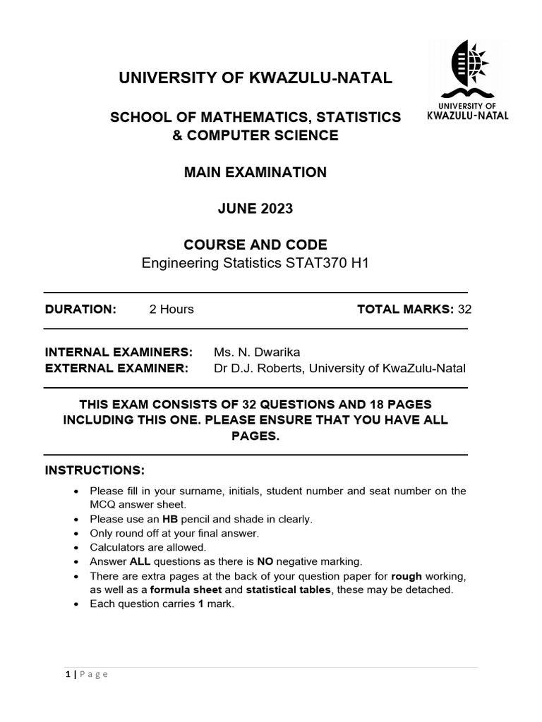 2023 STAT370 Main Paper With Solutions | PDF | Statistical Hypothesis ...