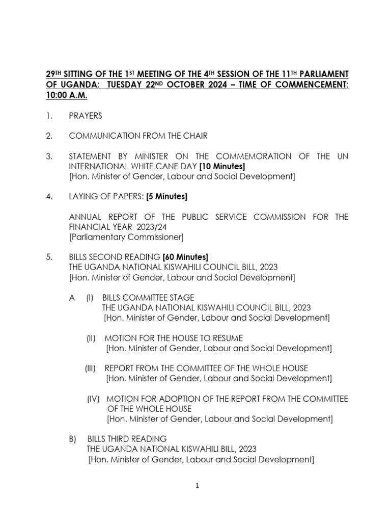 Order Paper For Tuesday, 22nd October 2024 (29th Sitting) | PDF ...