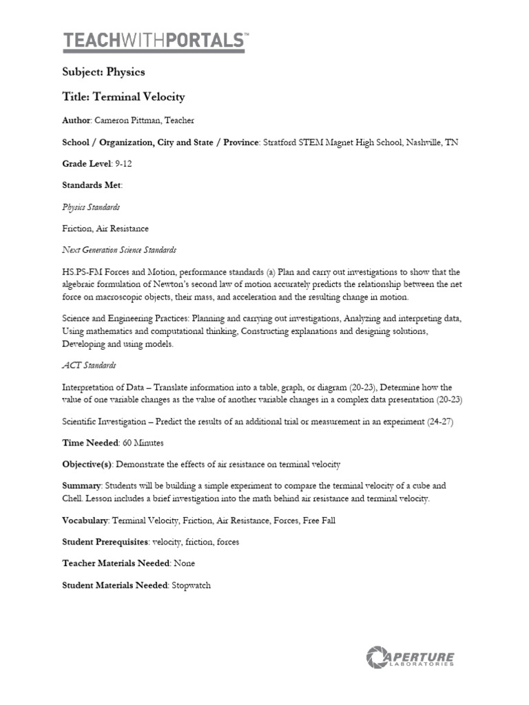 Portal 2 Lesson Plan Terminal Velocity - CP1 | PDF | Force | Physics