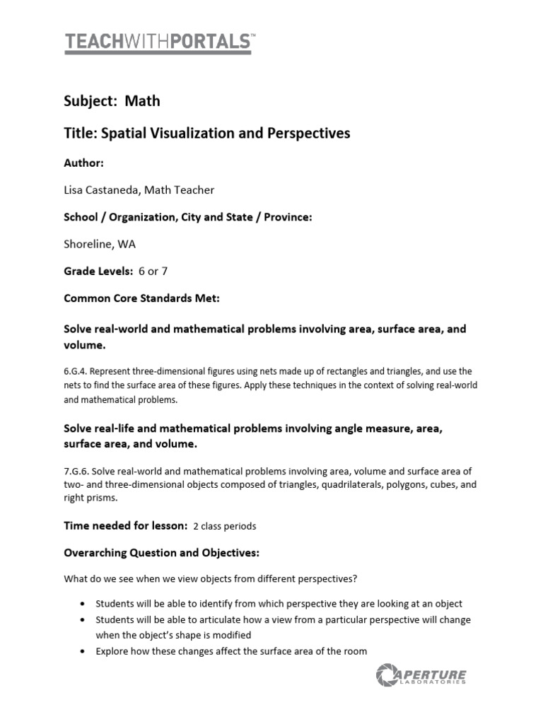 Portal 2 Lesson Plan Spatial Visualization and Perspectives - LC | PDF | Area | Shape