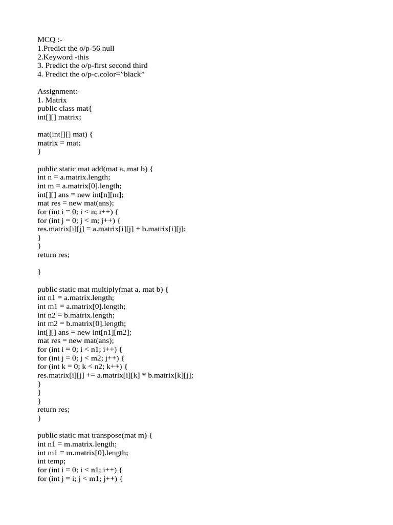 Java MCQs and LinkedList Matrix Operations | PDF