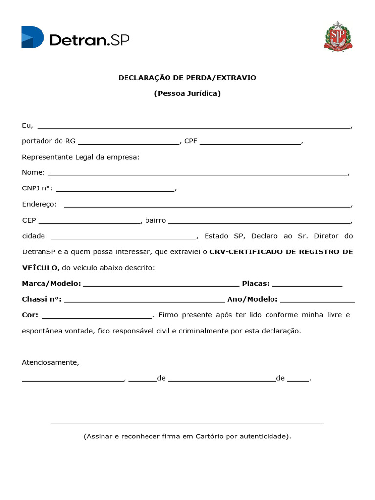 DECLARAÇÃO DE PERDA - EXTRAVIO Pessoa Juridica | PDF