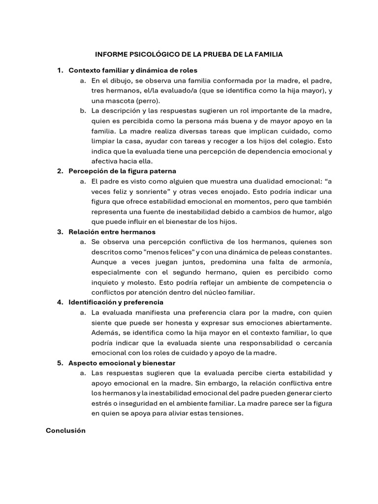 Informe Psicológico de La Prueba de La Familia | PDF | Las emociones ...
