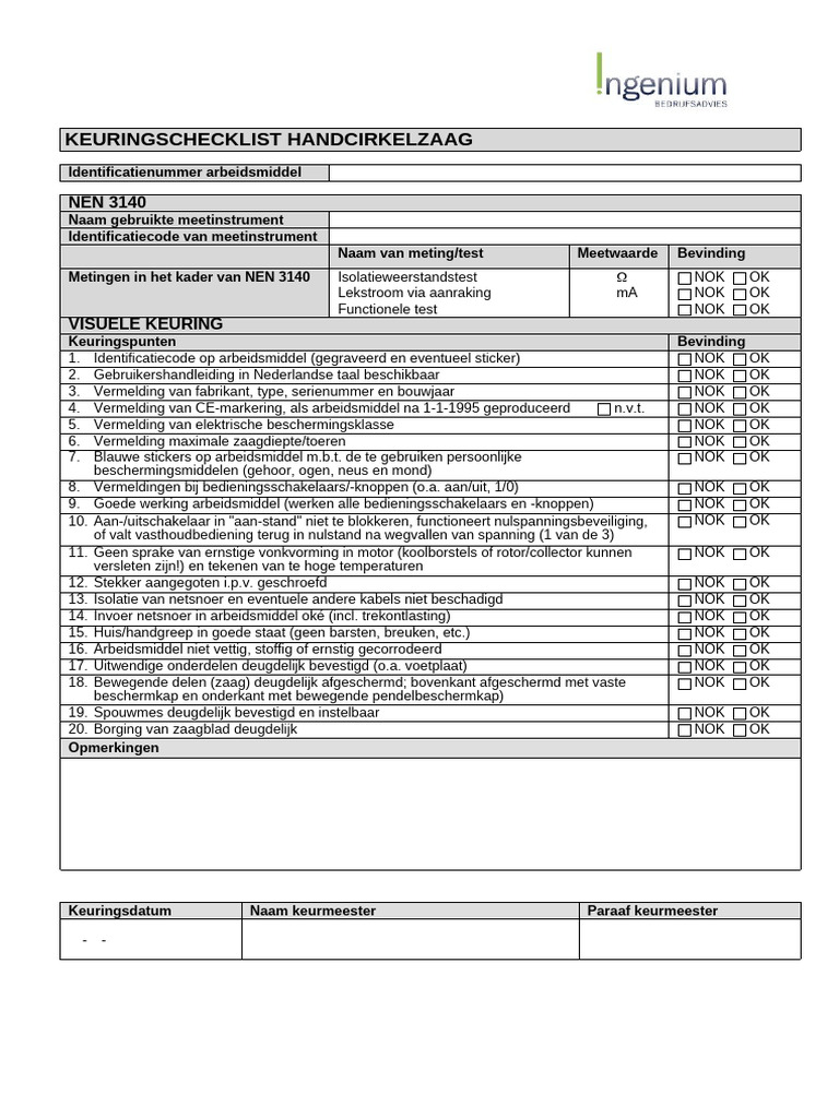 Keuringschecklist Handcirkelzaak Ingenium Ingenium | PDF