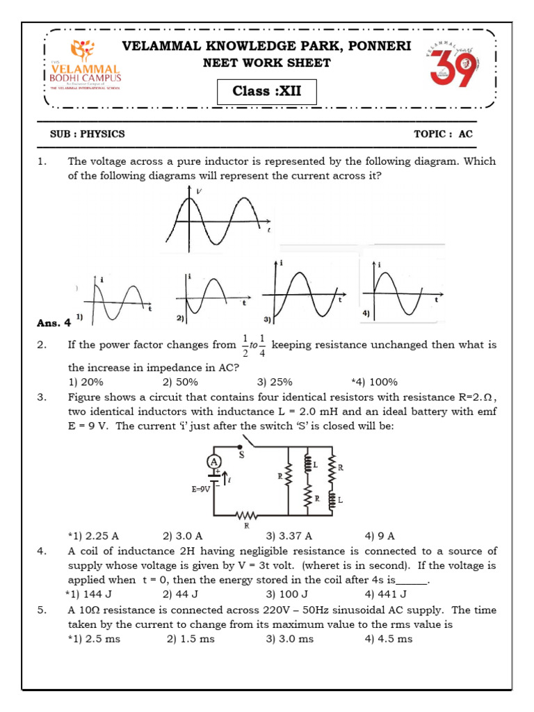 AC - PHYSICS - NEET Work Sheet | PDF | Inductor | Capacitor