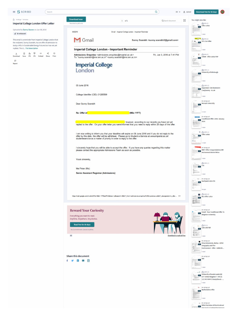Screencapture Scribd Doc 315155253 Imperial College London Offer Letter ...