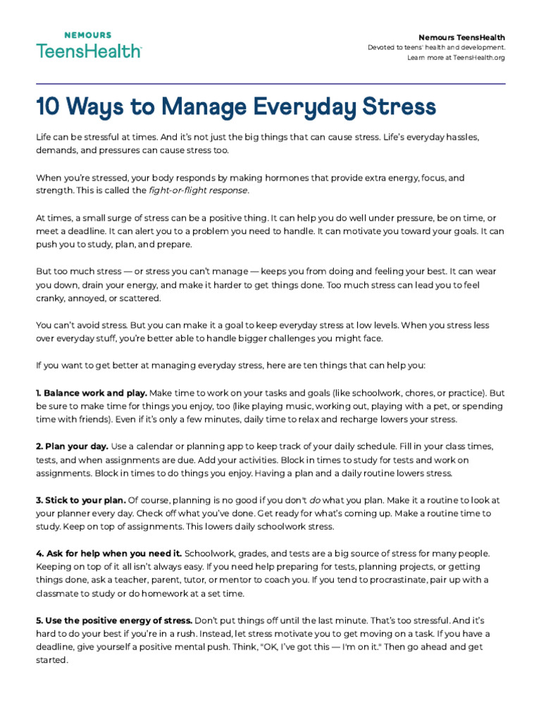 10 Ways To Manage Everyday Stress (For Teens) - Print Version - Nemours ...