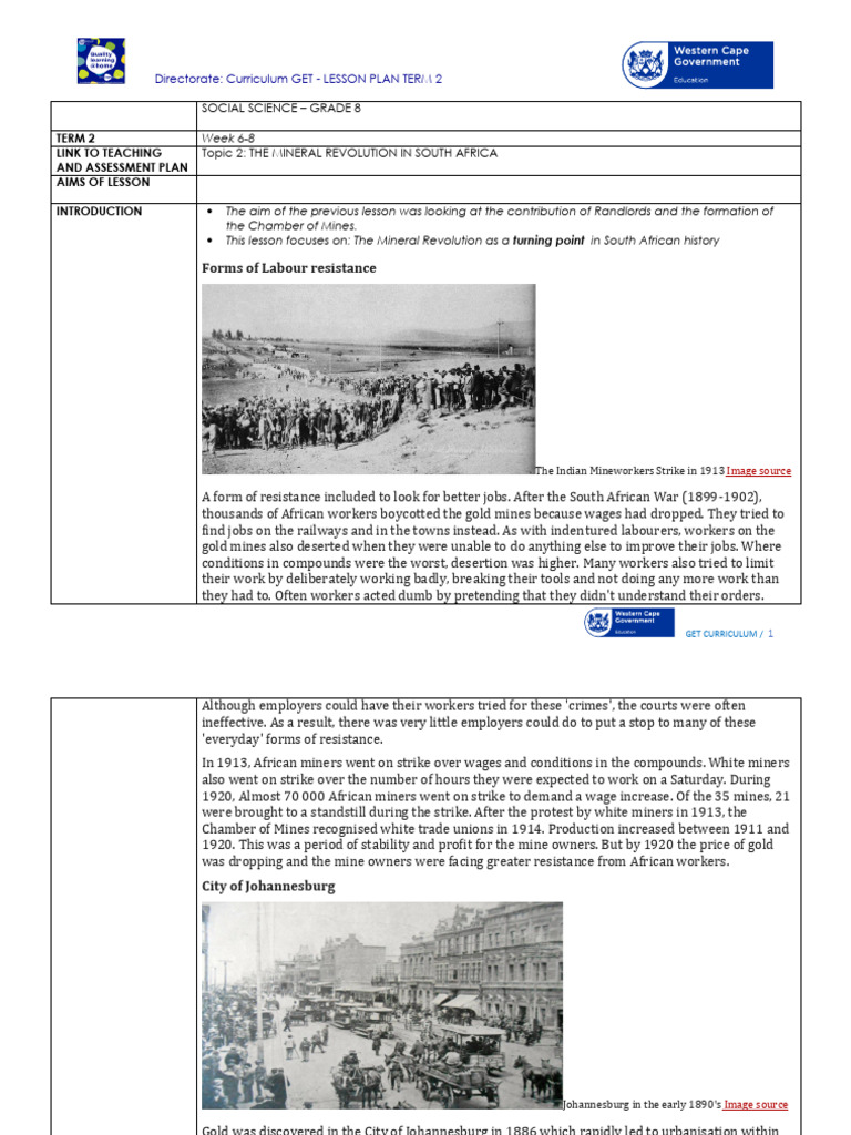 Lesson Plan GR 8 SS History T2 W6-8 | PDF | Johannesburg | Colony Of Natal