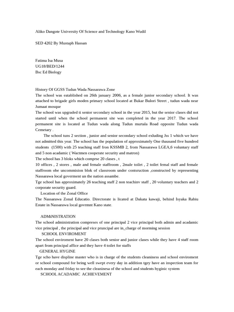 GGSS Tudun Wada Nassarawa History | PDF | Educational Personnel