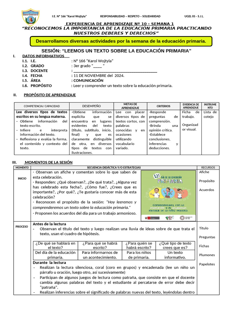 Sesion Lee Educ. Prim | PDF | Aprendizaje | Educación primaria