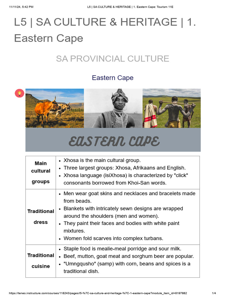 L5 - SA CULTURE & HERITAGE - 1. Eastern Cape - Tourism 11E | PDF | Xhosa People