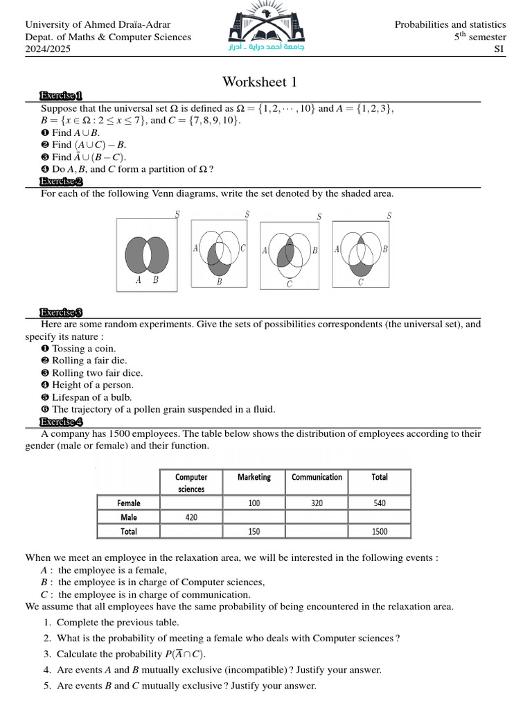 Worksheet 1proba Stat | PDF