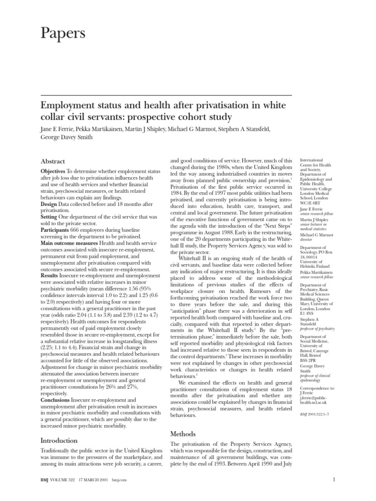 Ferrie, Et Al. Employment Status and Health After Privatization in ...