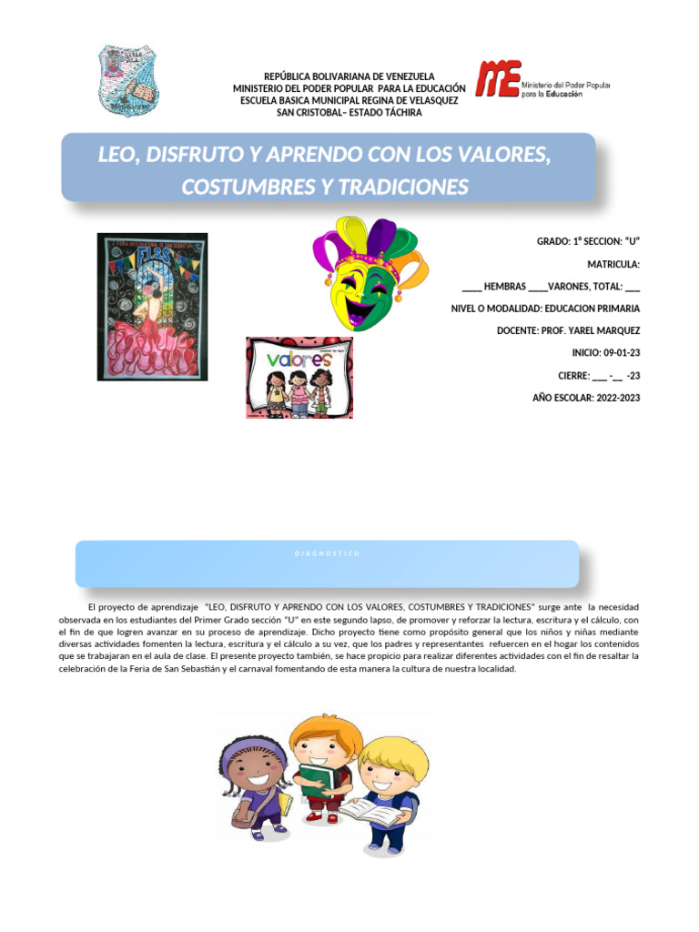 Proyecto Leo Disfruto y Aprendo Con Los Valores Costumbres y Tradiciones | PDF | Educación primaria