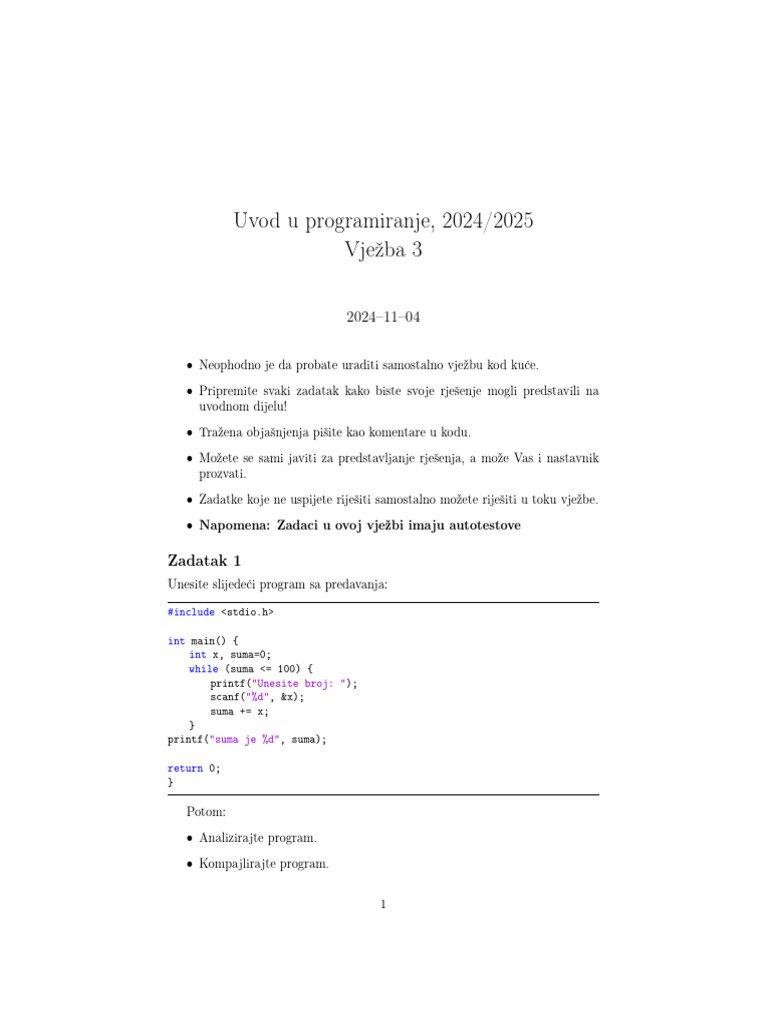 Uvod U Programiranje, 2024/2025 Vježba 3: Zadatak 1 | PDF